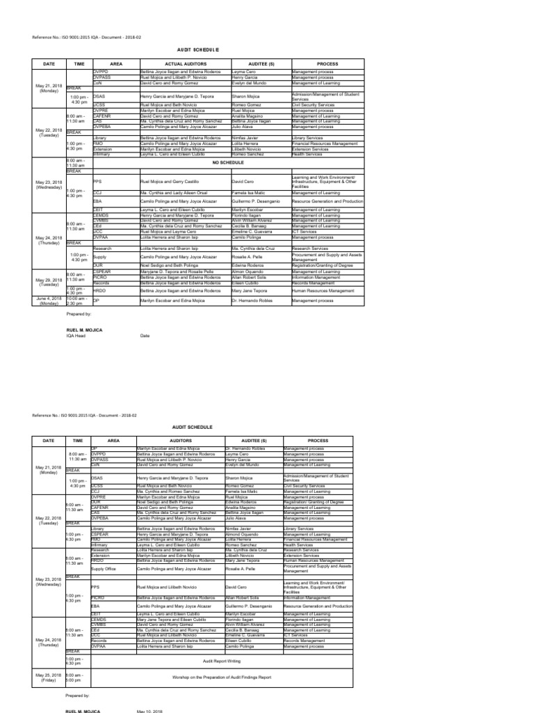 Reference No.: ISO 9001:2015 IQA - Document - 2018-02: Audit Schedule | PDF