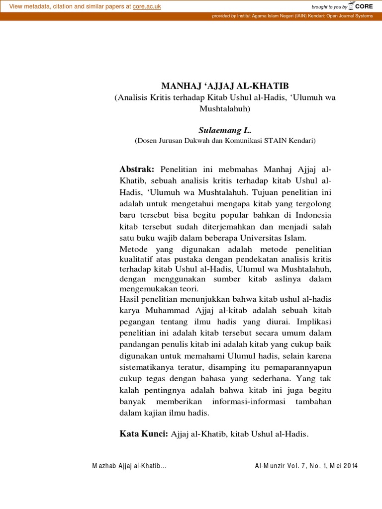 Manhaj Ajjaj al-Khatib dalam Ushul al-Hadis | PDF | Ilmu Sosial
