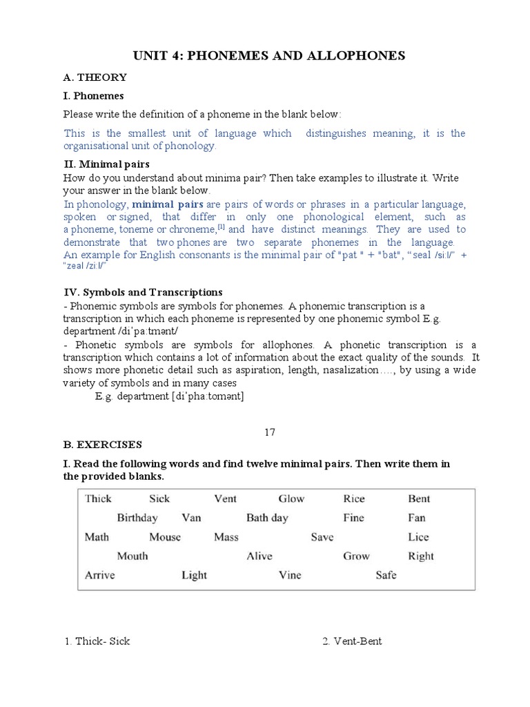 Unit 4: Phonemes and Allophones: A. Theory I. Phonemes | PDF | Phoneme ...
