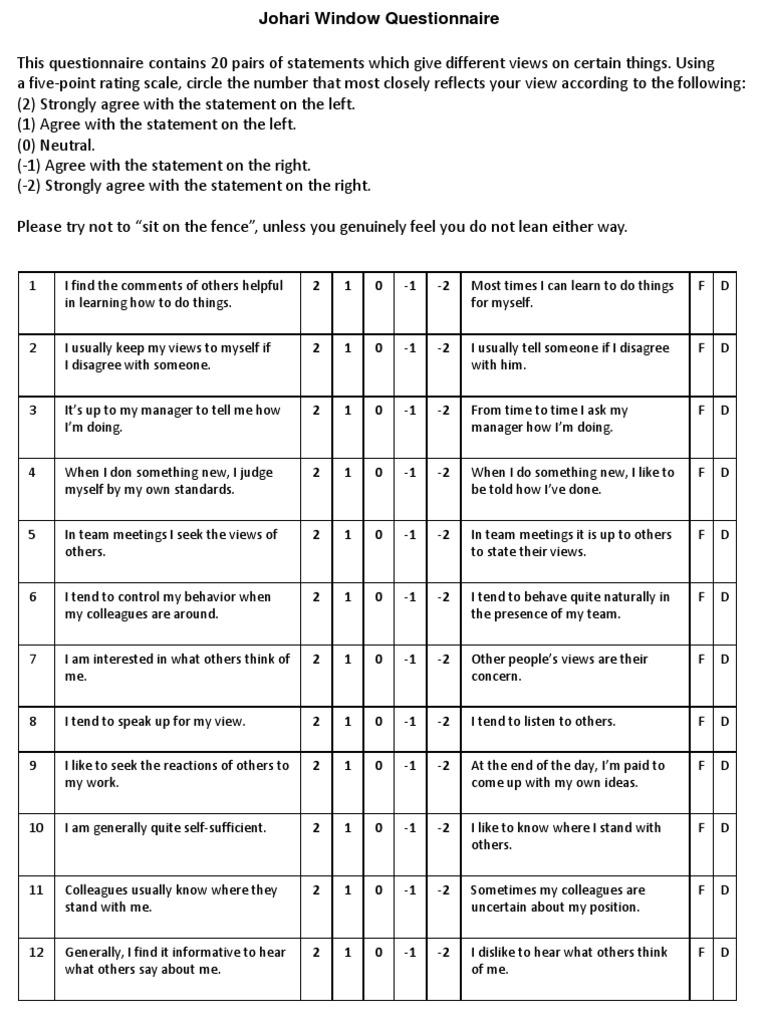 Johari Window Questionnaire | PDF | Anger | Psychological Concepts