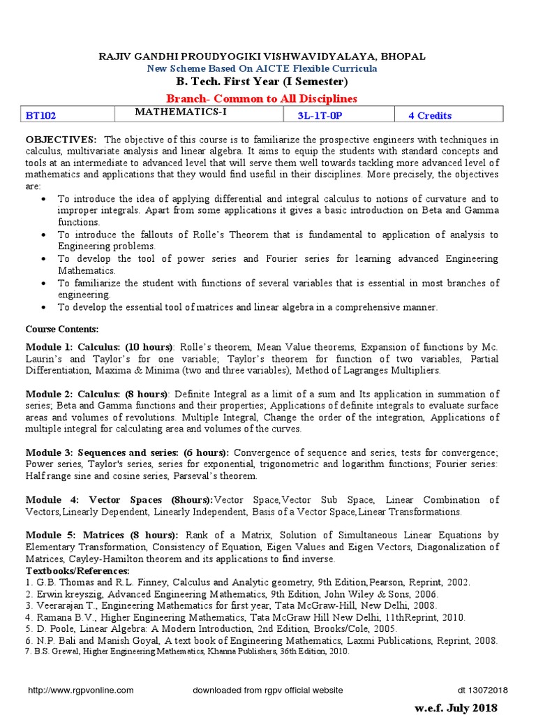 RGPV Syllabus Aicte BT 102 Mathematics 1 | PDF | Integral | Calculus
