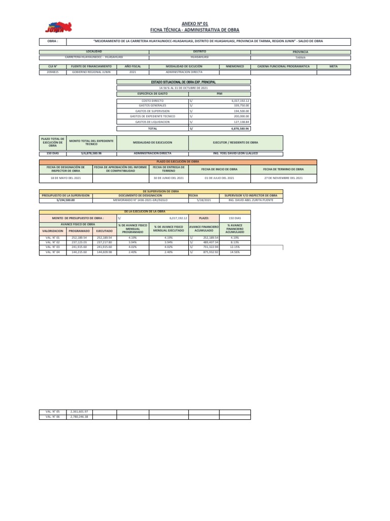 Ficha Tecnica de Obra - Anexo #01 | PDF