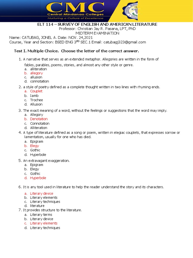 Midterm Exam: English & American Lit | PDF | Poetry | Narration