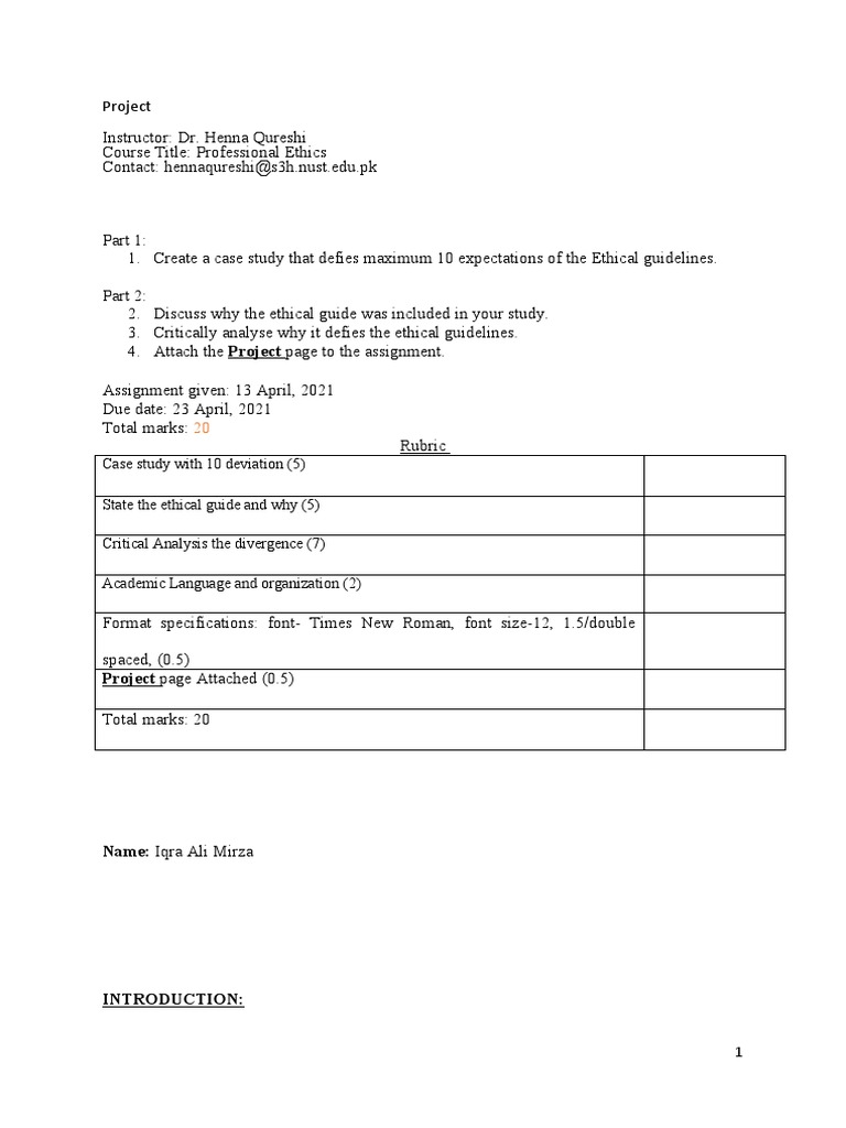 Case Study With 10 Deviation (5) State The Ethical Guide and Why (5 ...