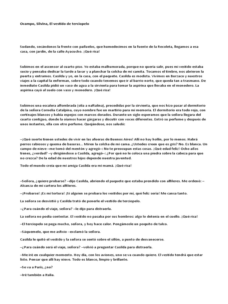 Ocampo, Silvina, El Vestido de Terciopelo | PDF