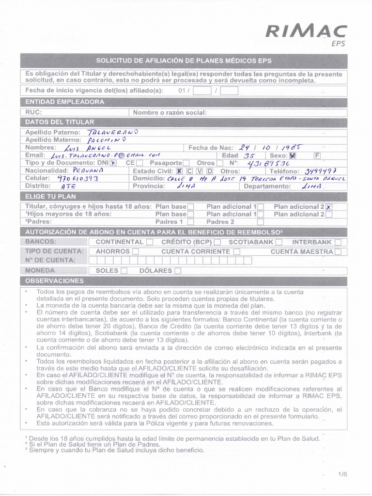 Solicitud de Afiliación EPS RIMAC | PDF | Cáncer | Especialidades Medicas