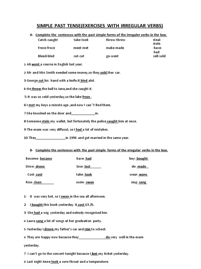 Simple Past Tense (Exercises With Irregular Verbs) | PDF