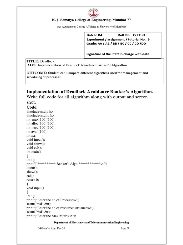 Implementation of Deadlock Avoidance Banker's Algorithm | PDF ...