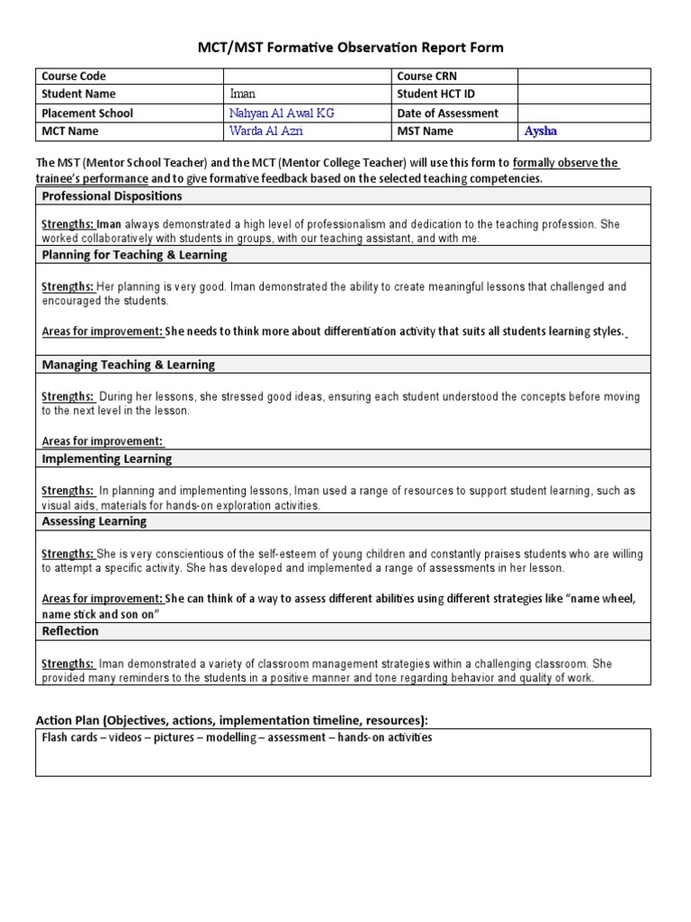 MCT/MST Formative Observation Report Form: Professional Dispositions | PDF
