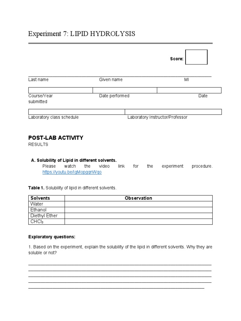 Experiment 7-Lipid Hydrolysis Postlab | PDF | Solvent | Solubility