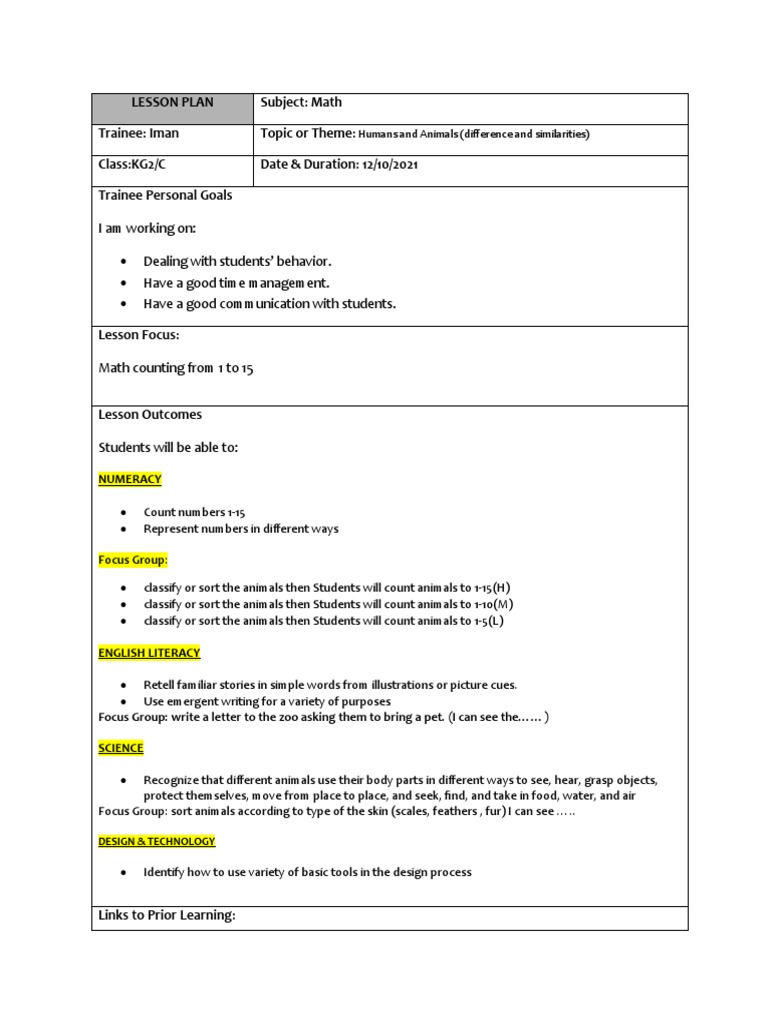 Lesson Plan Subject: Math Trainee: Iman Topic or Theme: Class:KG2/C ...