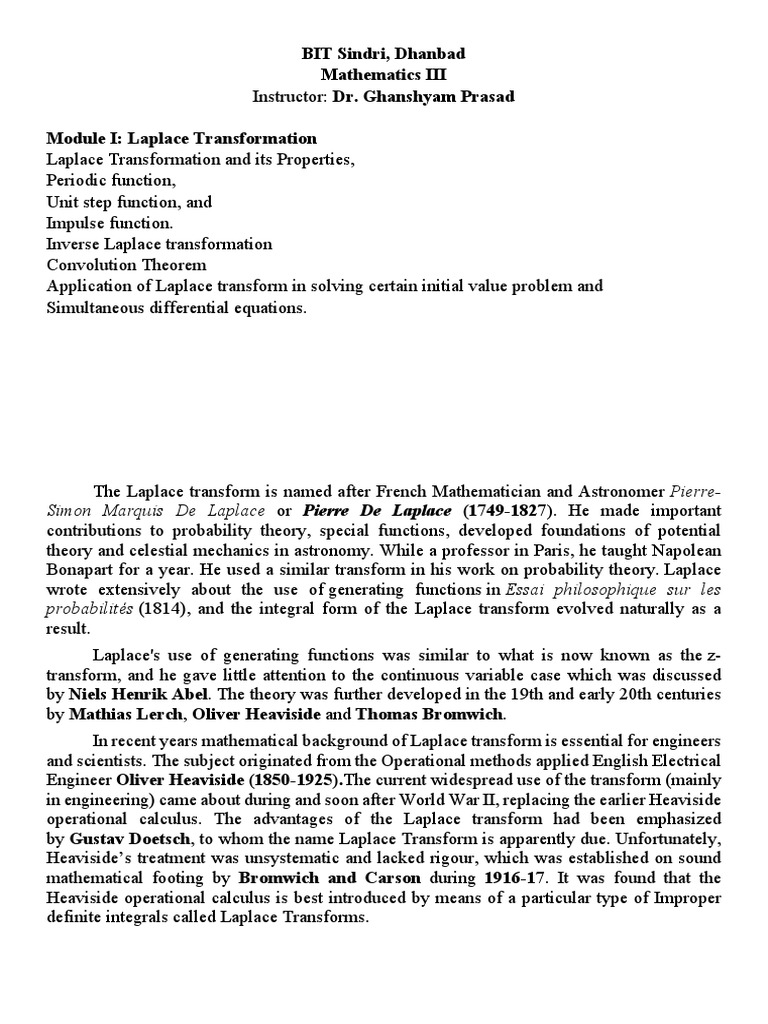 Introduction To Laplace Transformation | PDF | Laplace Transform ...