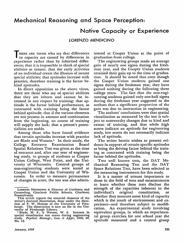 Mechanical Reasoning and Space Perception | PDF | Experiment | Reason