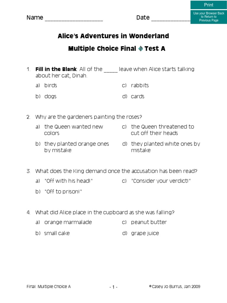Alice's Adventures in Wonderland Multiple Choice Final Test A | PDF ...