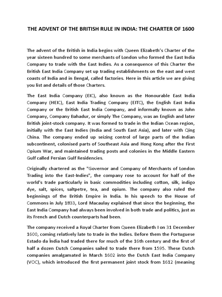 The Advent of The British Rule in India: The Charter of 1600 | PDF ...