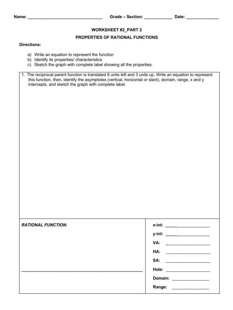 Gen Math - Worksheet - 2 PART 2 - Properties of Rational Function | PDF ...