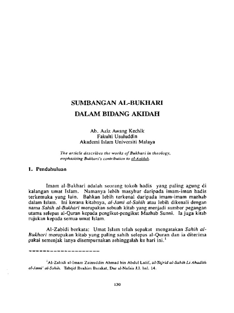 Sumbangan Al-Bukhari Dalam Bidang Akidah: Ab. Aziz Awang Kechik Fakulti ...