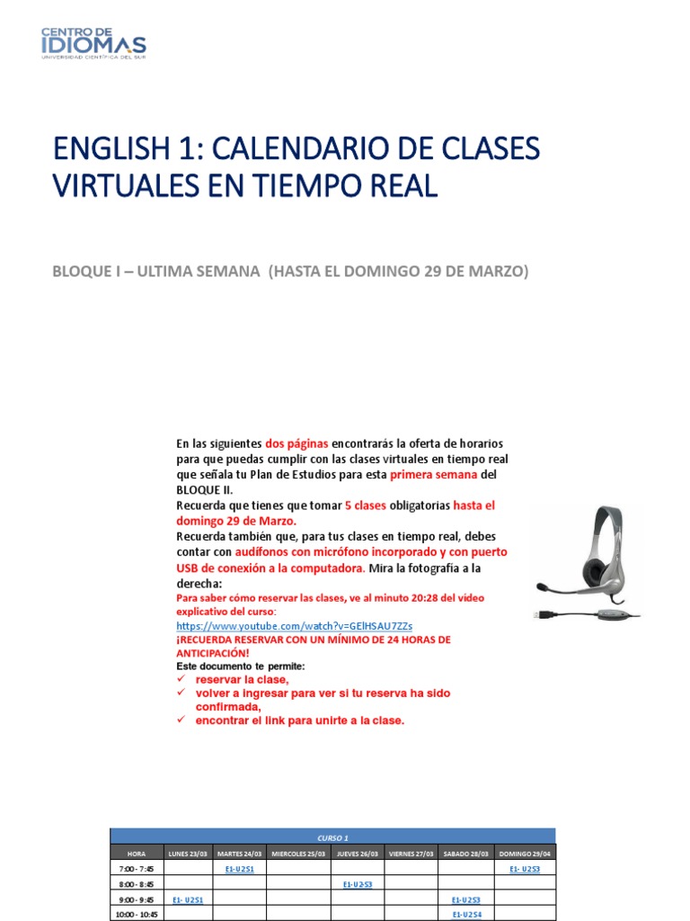 Clases Virtuales en Tiempo Real: Horarios | PDF