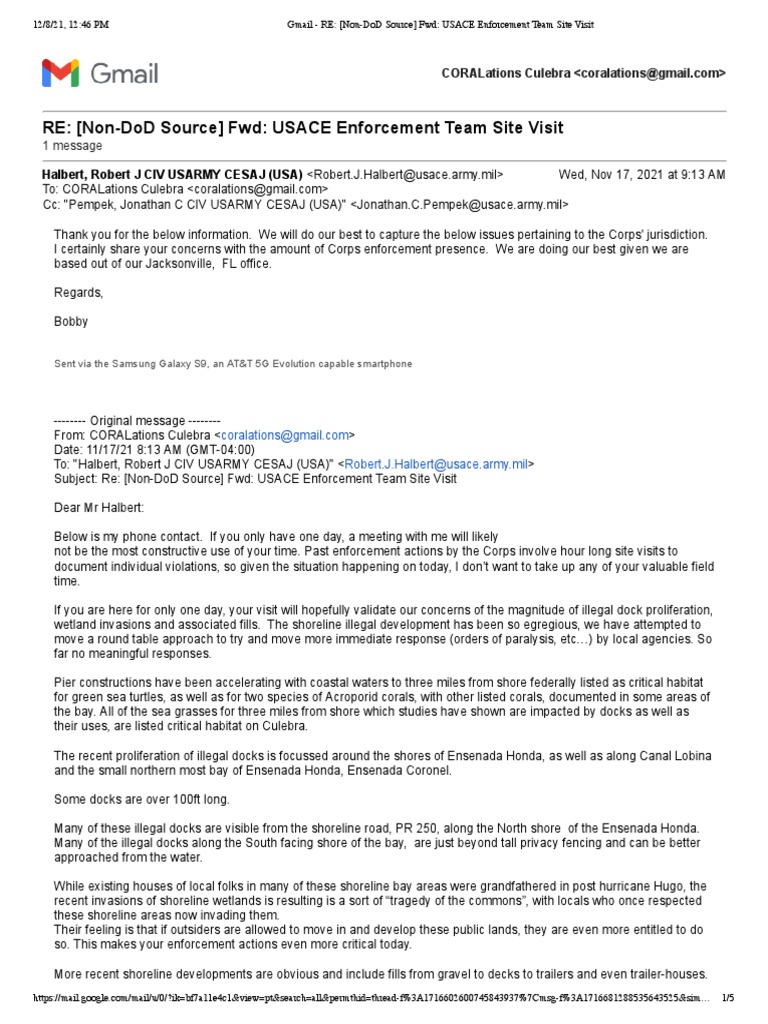 Gmail - RE - (Non-DoD Source) FWD - USACE Enforcement Team Site Visit | PDF | Wetland | Mangrove