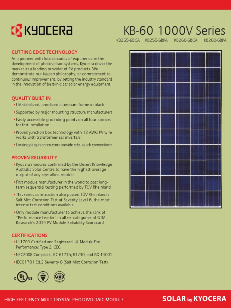 KB-60 1000V Series: Solar Kyocera | PDF | Photovoltaics | Energy Production