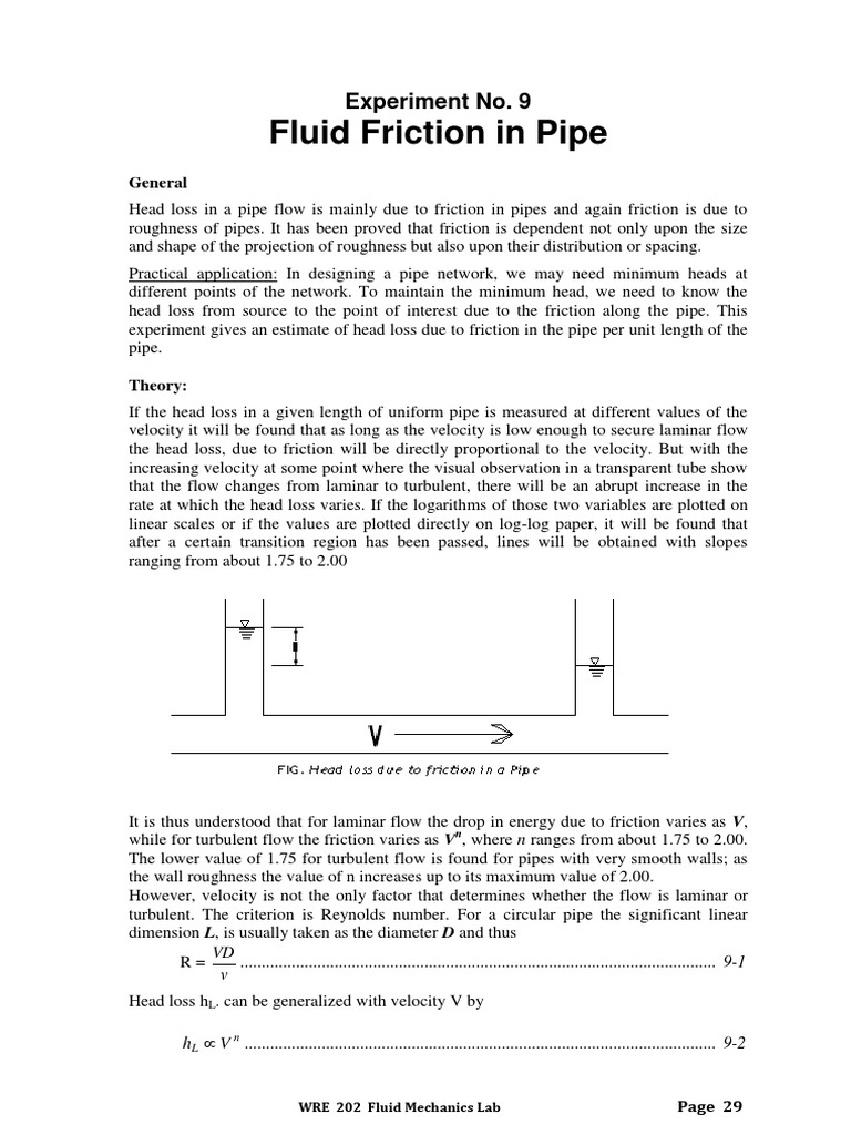 Fluid Friction in Pipe: Experiment No. 9 | PDF | Fluid Dynamics ...