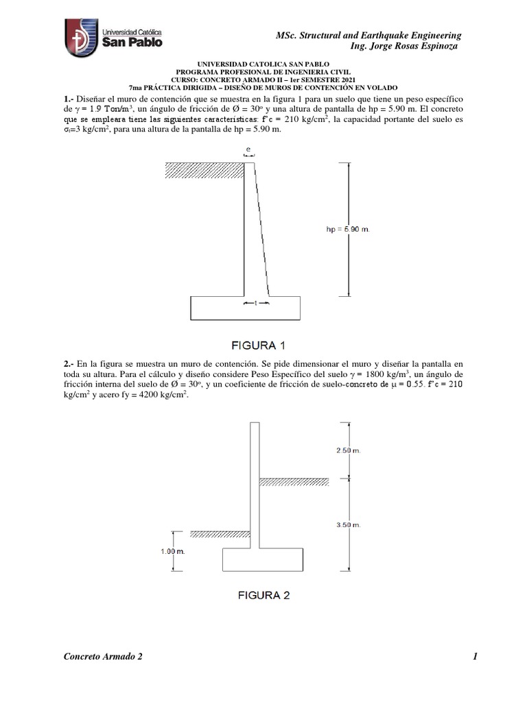 7ma PRACTICA MURO DE CONTENCIÓN EN VOLADO CONCRETO ARMADO 2 UCSP 1er SEM 2021 | PDF
