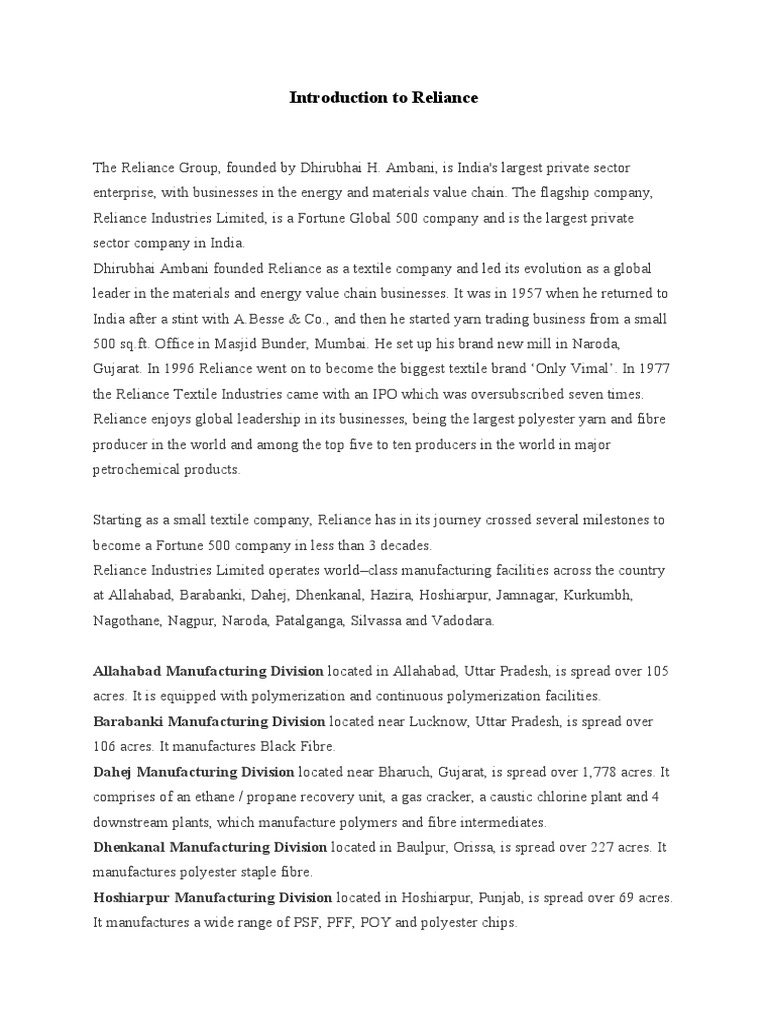 Introduction To Reliance | PDF | Materials | Textiles