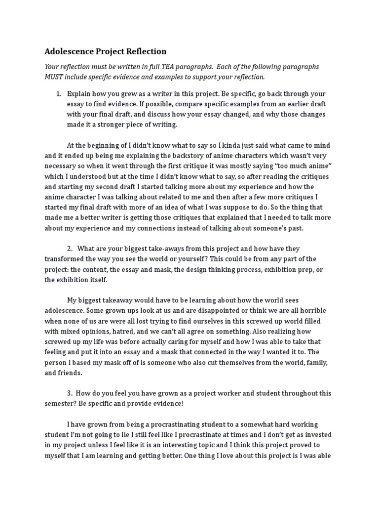 Adolescence Project Reflection | PDF | Essays | Writers
