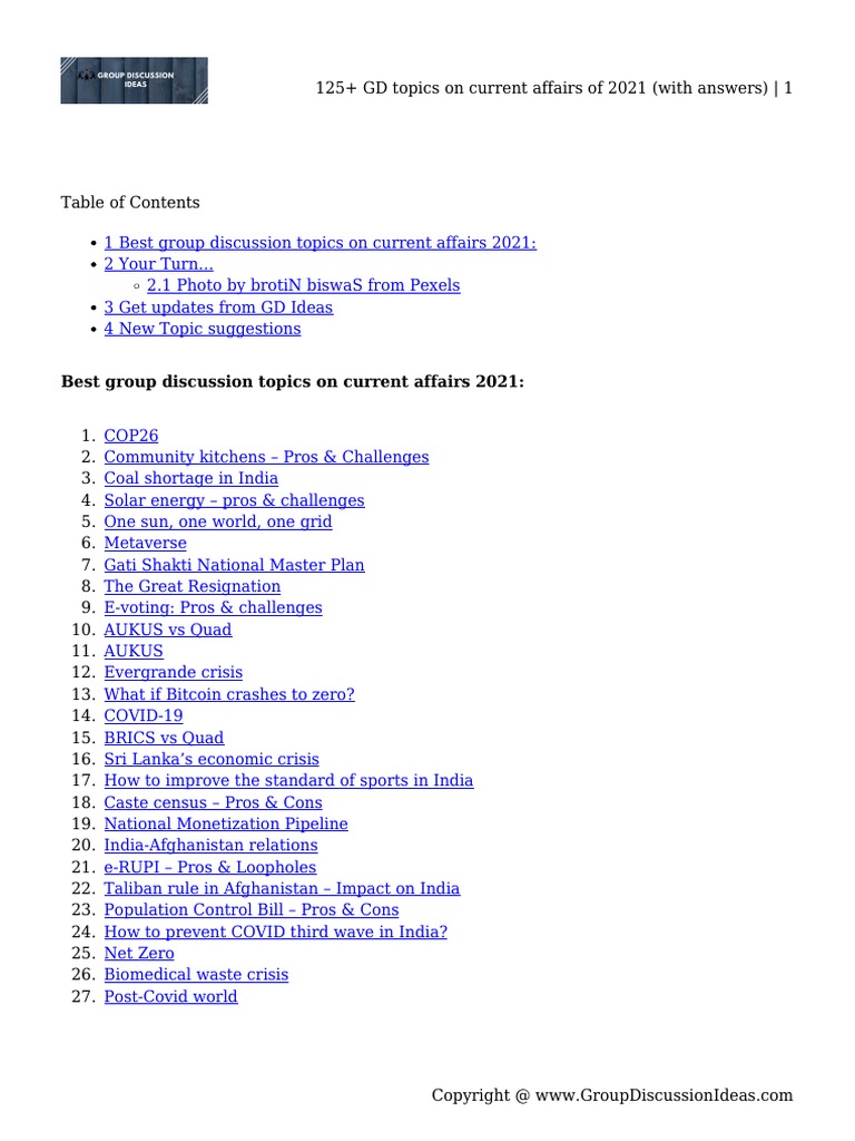 125+ Current Affairs GD Topics 2021 | PDF