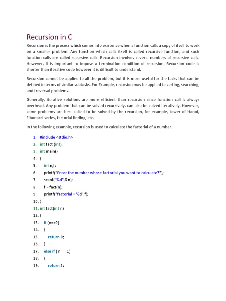 Recursion in C: 1. #Include | PDF | Subroutine | Computing