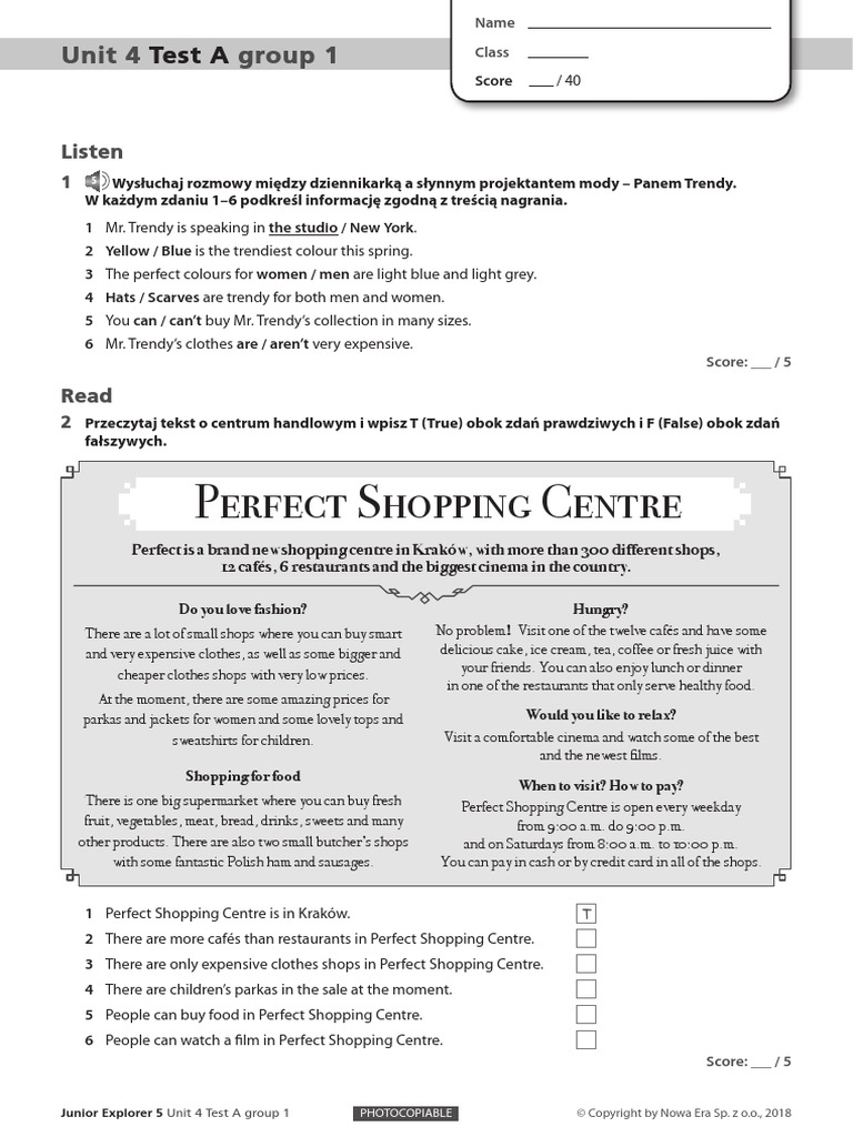 Junior Explorer 5 Unit 4 Test A Group 1 | PDF | Clothing