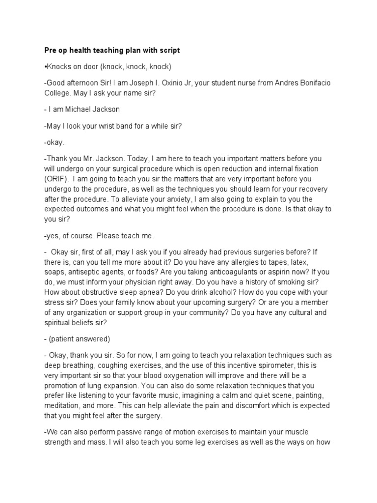 Pre Op Health Teaching Plan With Script | PDF