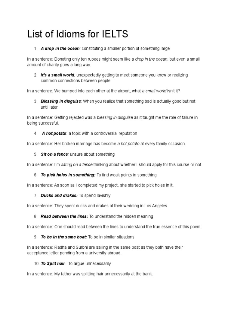List of Idioms For IELTS | PDF