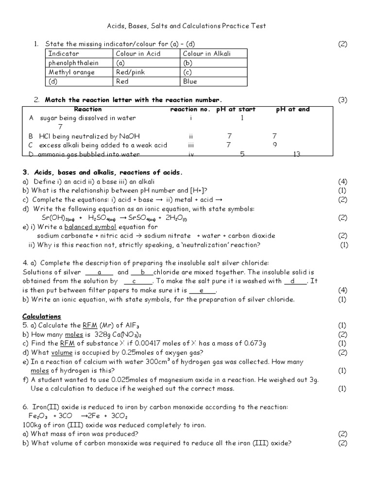Acids, Bases, and Salts Practice Test | PDF | Salt (Chemistry) | Acid