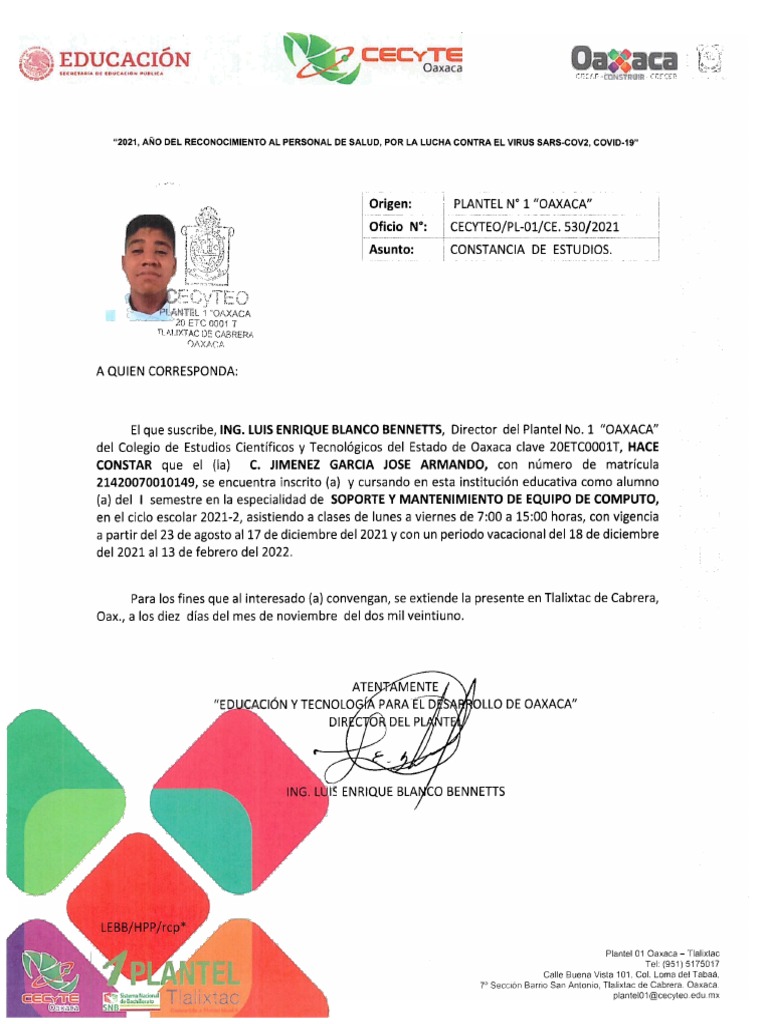 Constancia de Estudios Cecyte | PDF