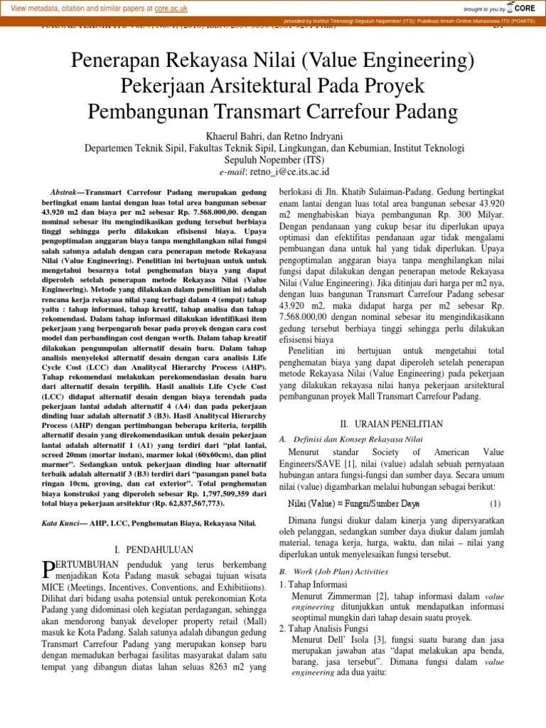 Penerapan Rekayasa Nilai (Value Engineering) Pekerjaan Arsitektural Pada Proyek Pembangunan ...