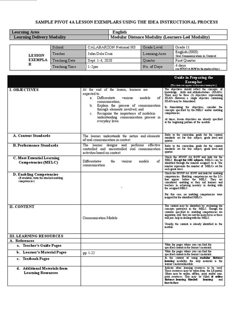 Lesson Exemplar English Grade 11 | PDF