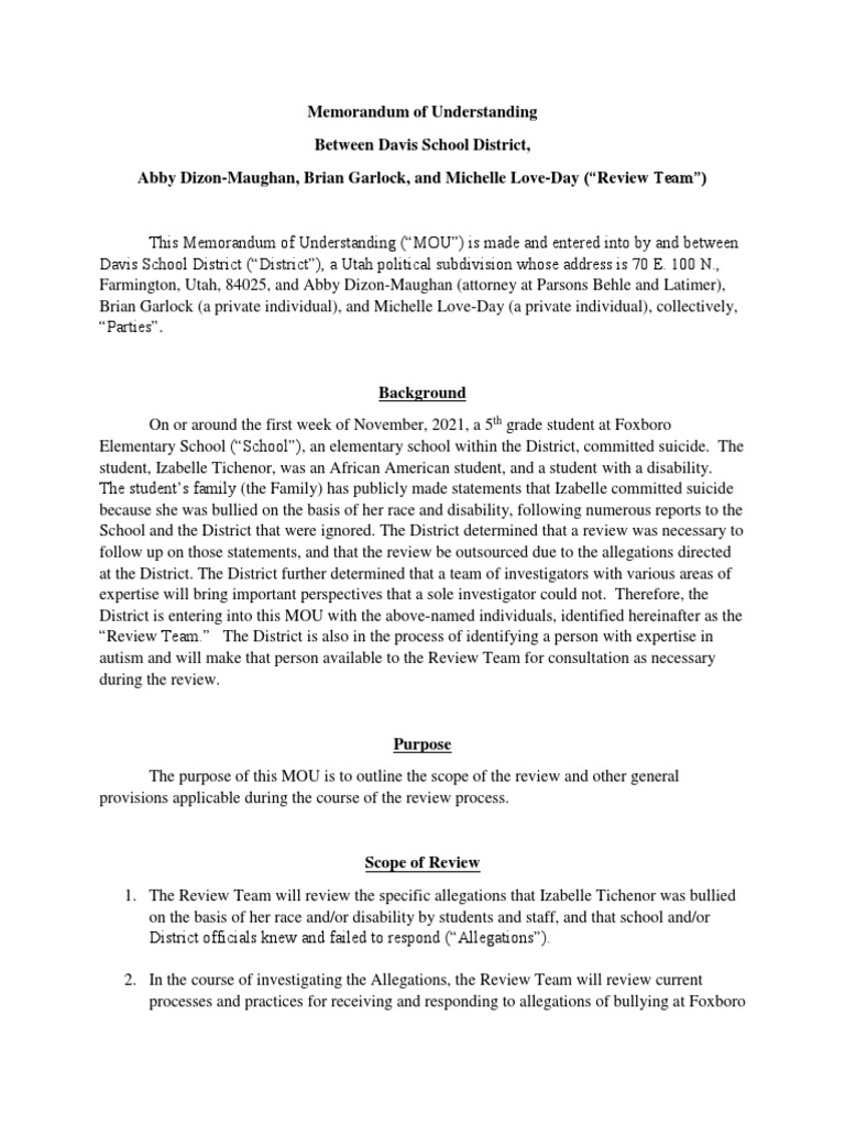 Davis MOU On Izzy Tichenor Investigation | PDF | Justice | Crime & Violence