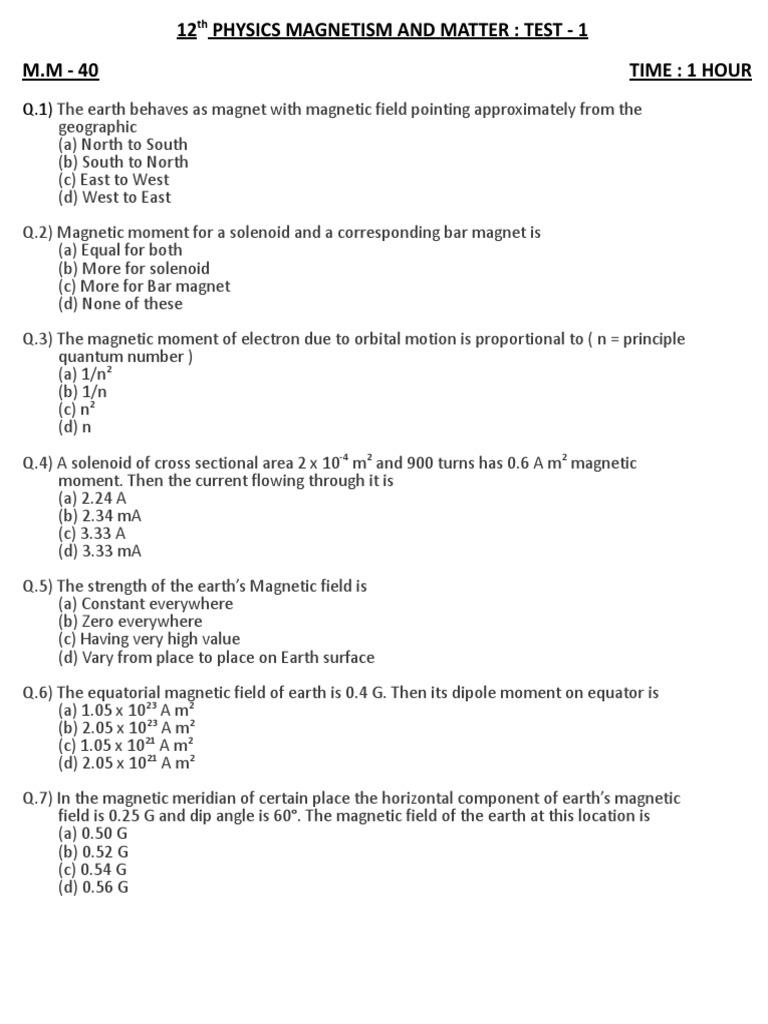 12th Physics Magnetism and Matter Test 1 Questions Answers | PDF ...
