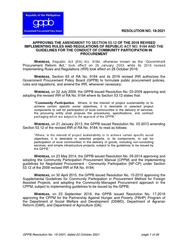 GPPB Resolution 18-2021 on Community Procurement | PDF | Infrastructure | Economies