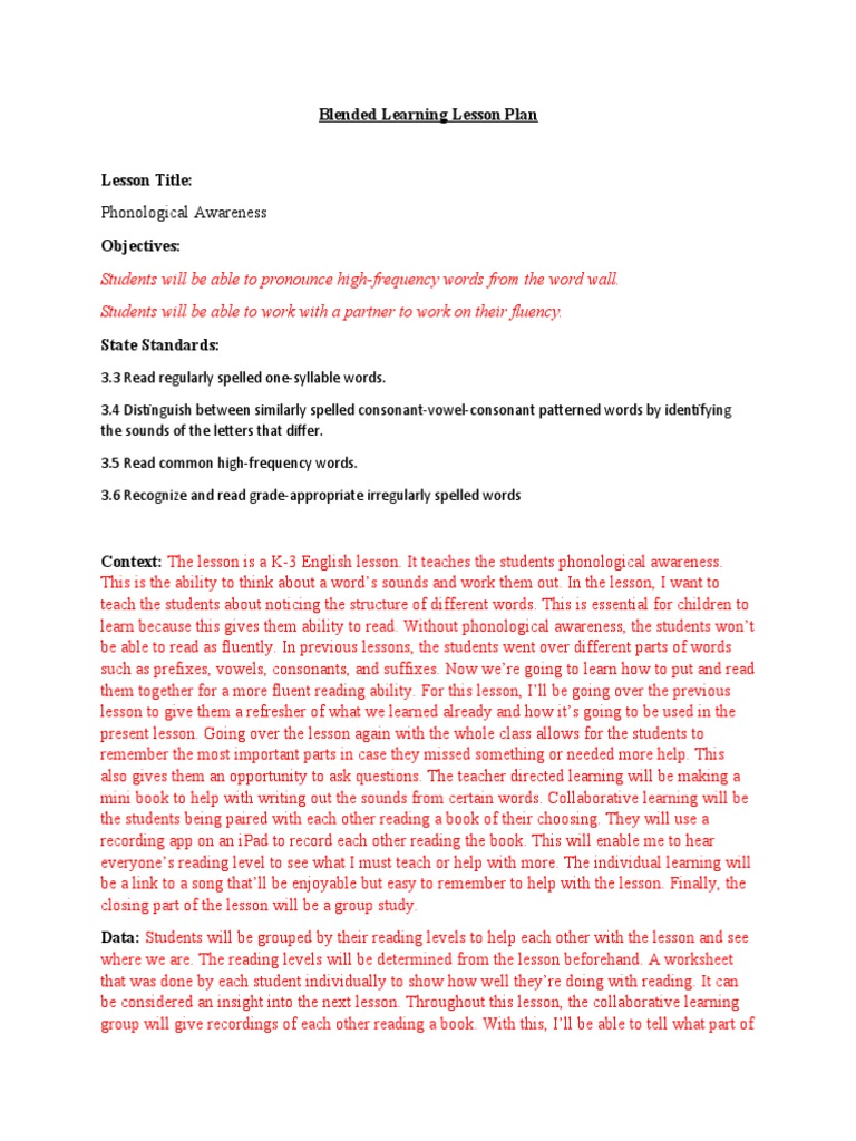 Phonological Awareness: Blended Learning Lesson Plan | PDF | Fluency ...