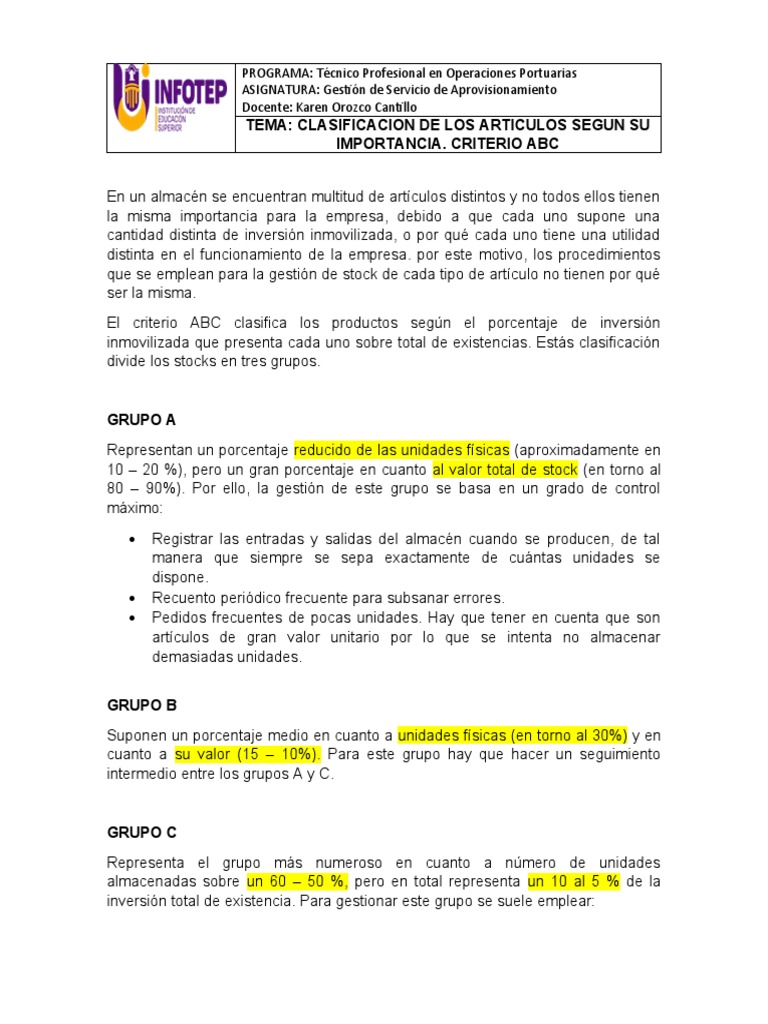 Gestión de Stock: Criterio ABC | PDF | Inventario | Obtención