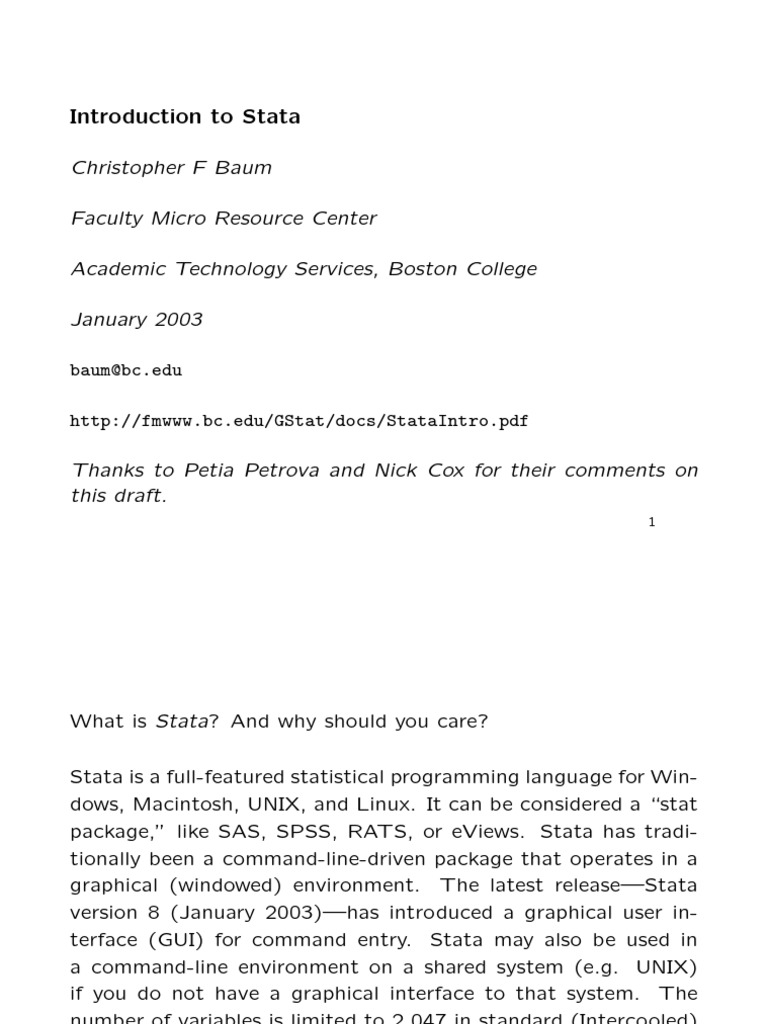 Baum 2003 - Introduction To Stata | PDF | Regression Analysis | Statistics