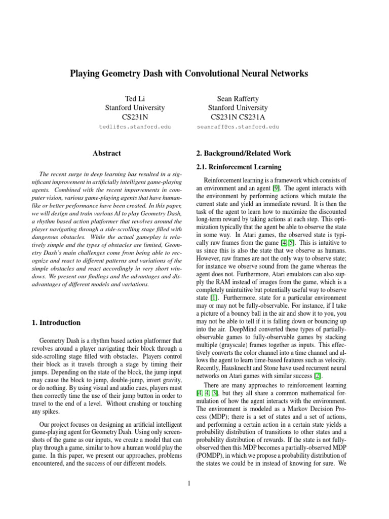 Playing Geometry Dash With Convolutional Neural Networks | PDF