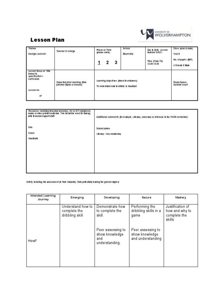 Lesson Plan: Intended Learning Journey Emerging Developing Secure ...