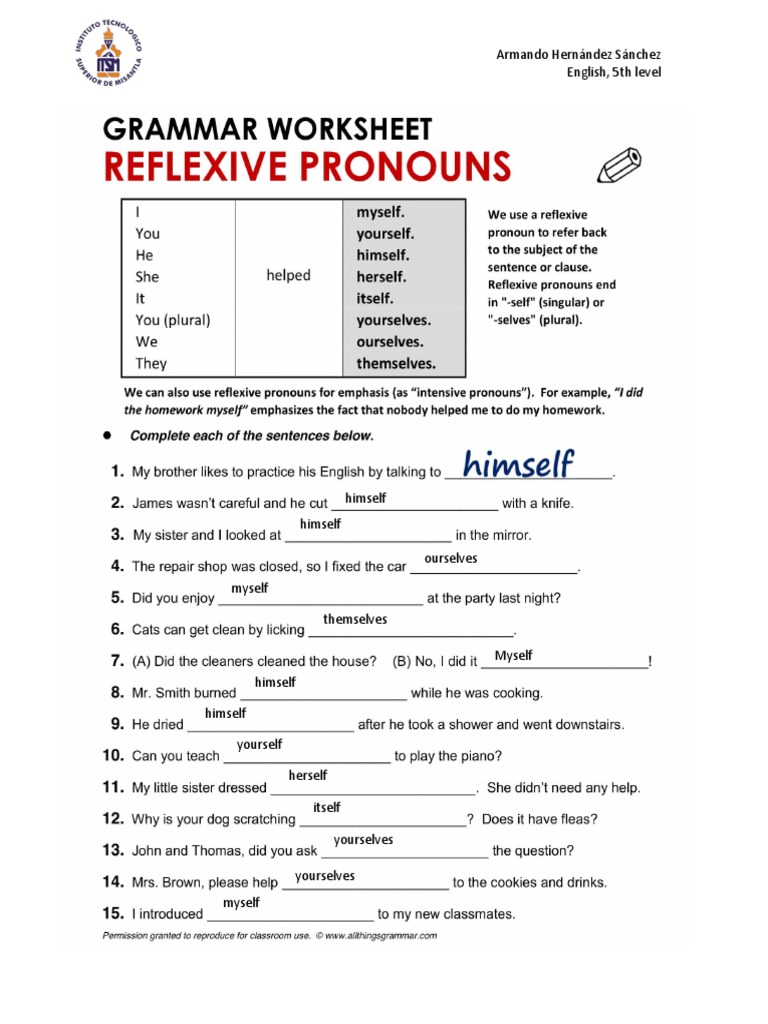 Homework 21 - Reflexive Pronouns | PDF