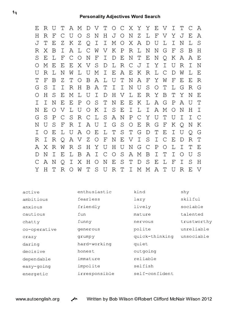 Personality Adjectives Word Search | PDF
