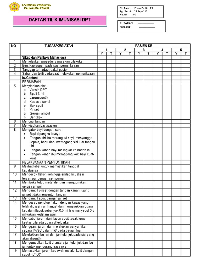 Daftar Tilik Imunisasi DPT | PDF