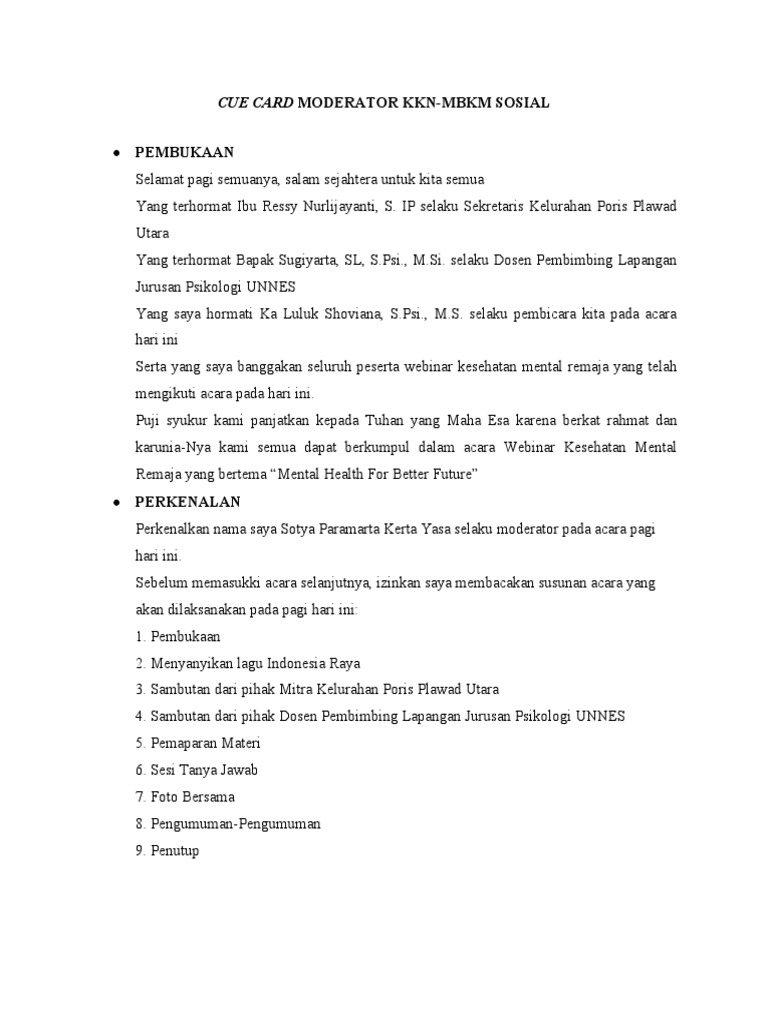 Cue Card Moderator KKN-MBKM Sosial | PDF