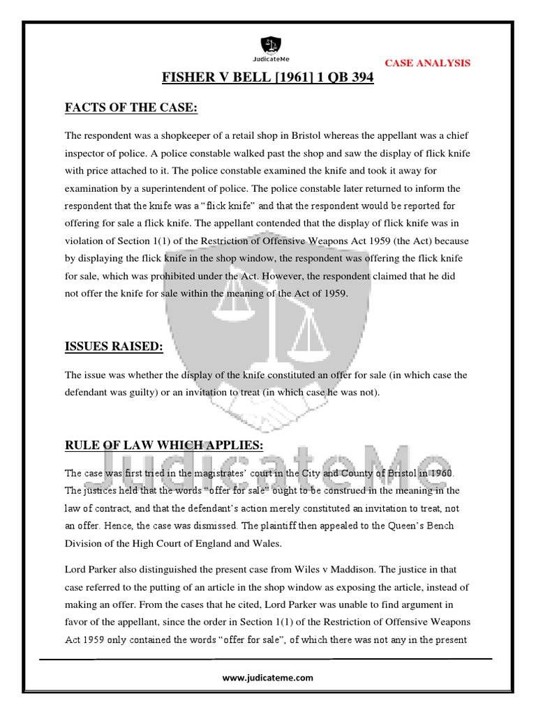 FISHER V BELL (1961) 1 QB 394: Facts of The Case | PDF | Public Sphere ...